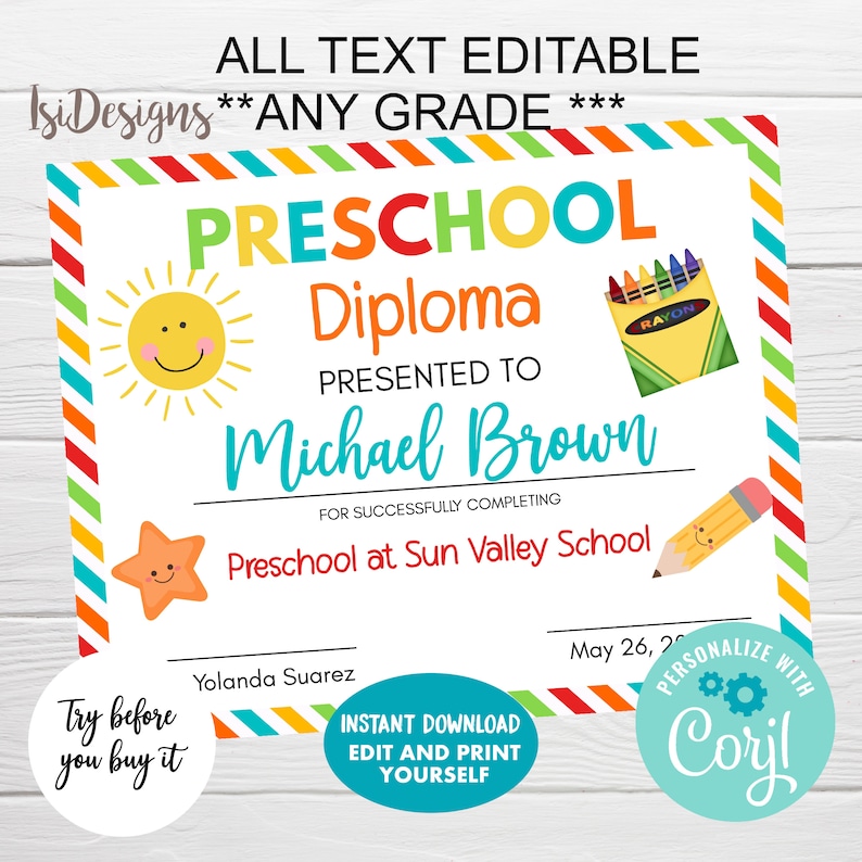 Editable School Diploma Preschool Graduation Kindergarten - Etsy