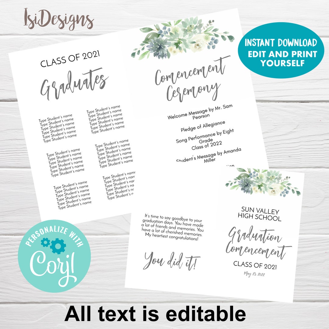 Graduation Editable Program, Editable High School Graduation ...