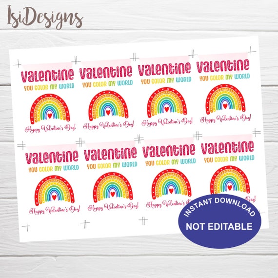 Rainbow Valentine's Day Gift Tag, Instant Download, Valentine you color ...