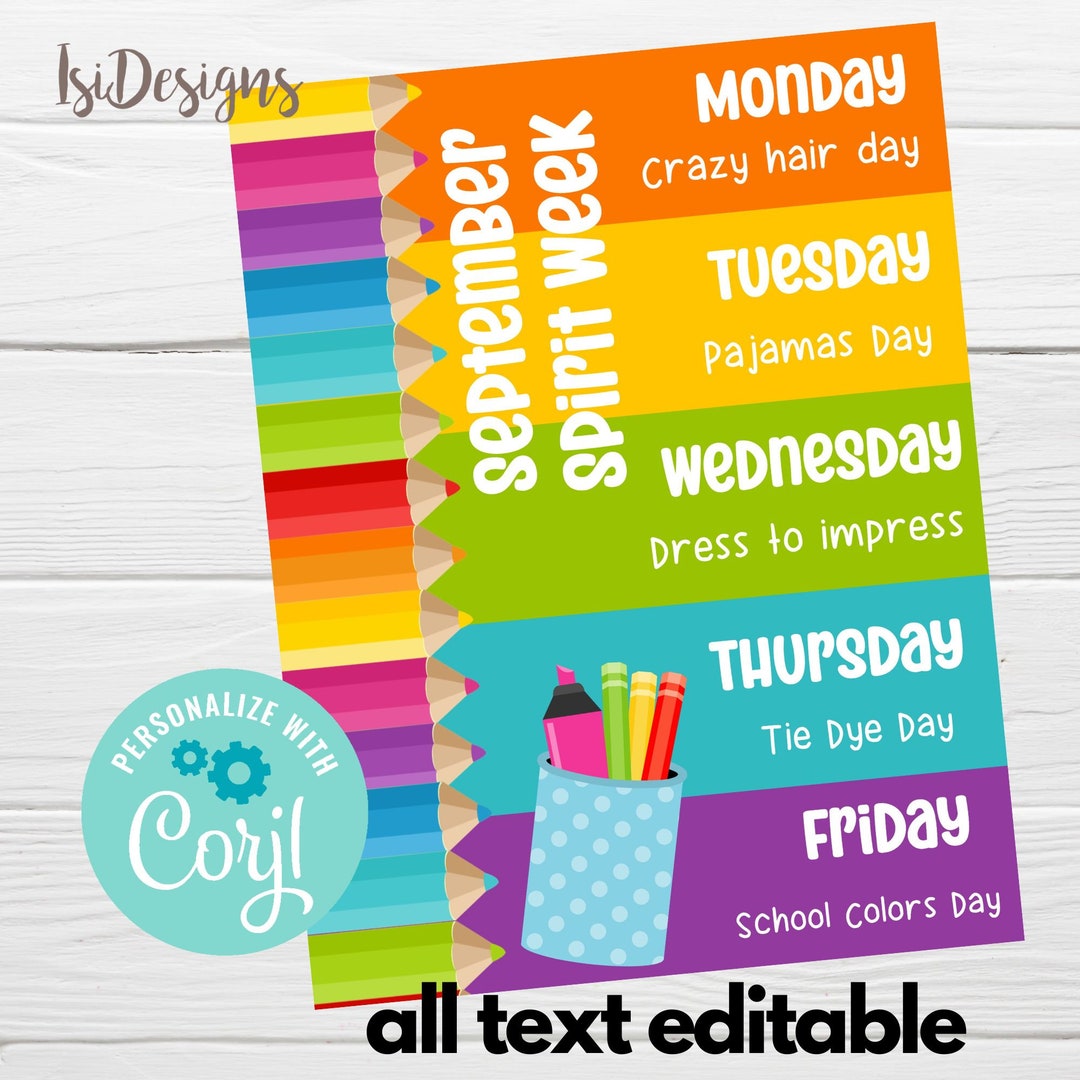 September Spirit Week Editable Planner, Back to School Week Schedule ...