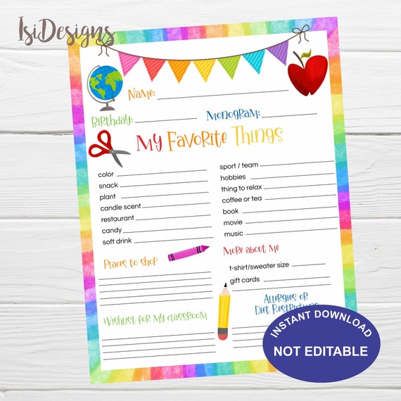 Teacher Survey, Instant Download, Printable Teacher's Favorite Things ...