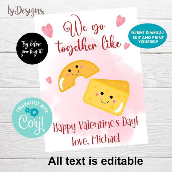 Editable Valentine's Day Gift Tags, Instant Download, Cheese Valentine ...