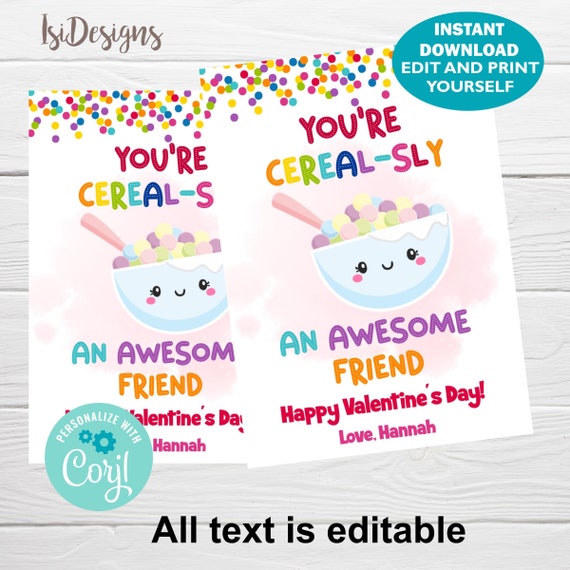 Valentine Cereal Gift Tags, Editable You're Cereal-sly an Awesome ...