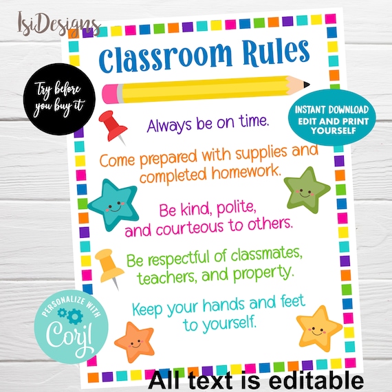 Editable Classroom Rules Sign, Instant Download, Back to school sign ...