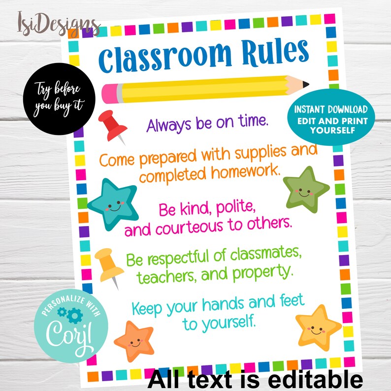 Editable Classroom Rules Sign, Instant Download, Back to School Sign ...
