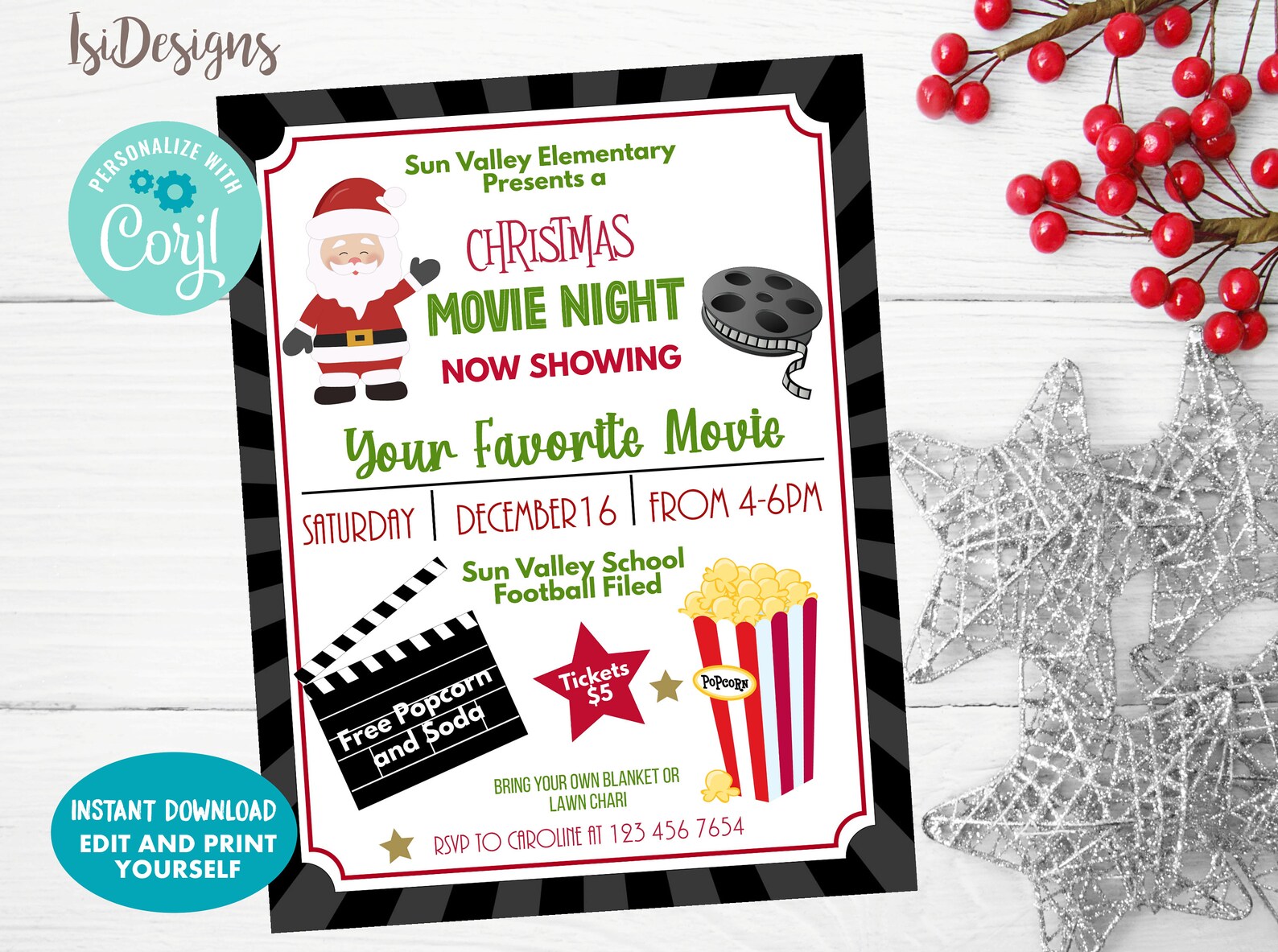 Christmas Movie Night Editable Flyer, Cinema Holiday Movie Night Poster ...