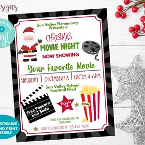 Christmas Movie Night Editable Flyer, Cinema Holiday Movie Night Poster ...