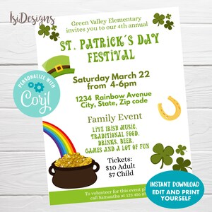 St. Patrick's Day Festival Flyer Template, EDITABLE Event Poster ...