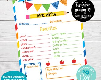 Teacher Survey Favorites List Questionnaire All About the Teacher ...