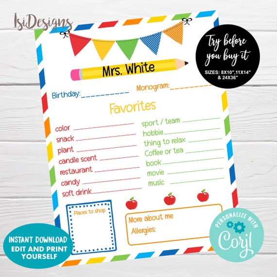 EDITABLE Teacher Favorites Survey, Printable Teacher's Questionnaire ...