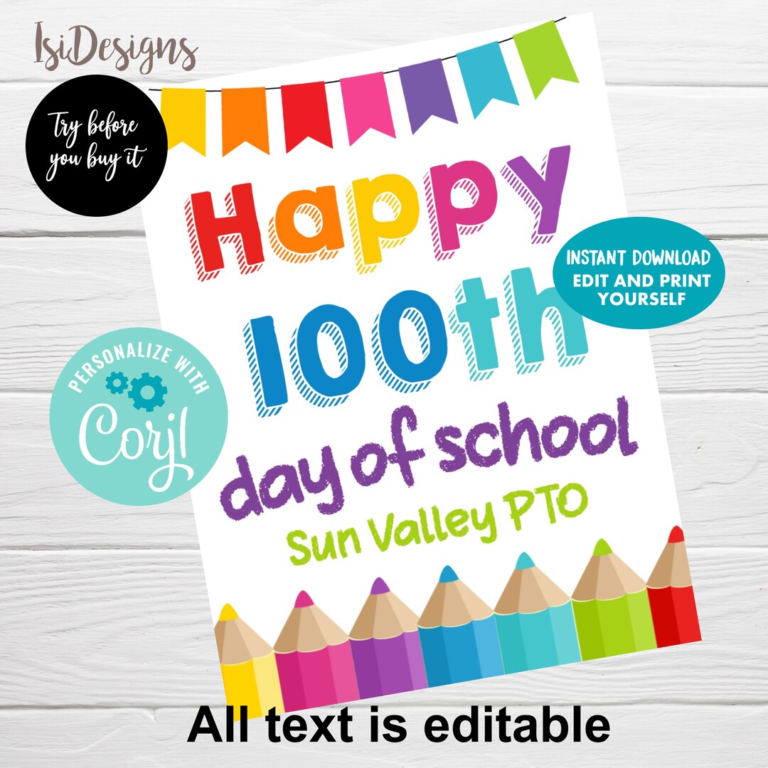 Happy 100th Day of School Editable Gift Tags, PTO/PTA Favor Tags ...