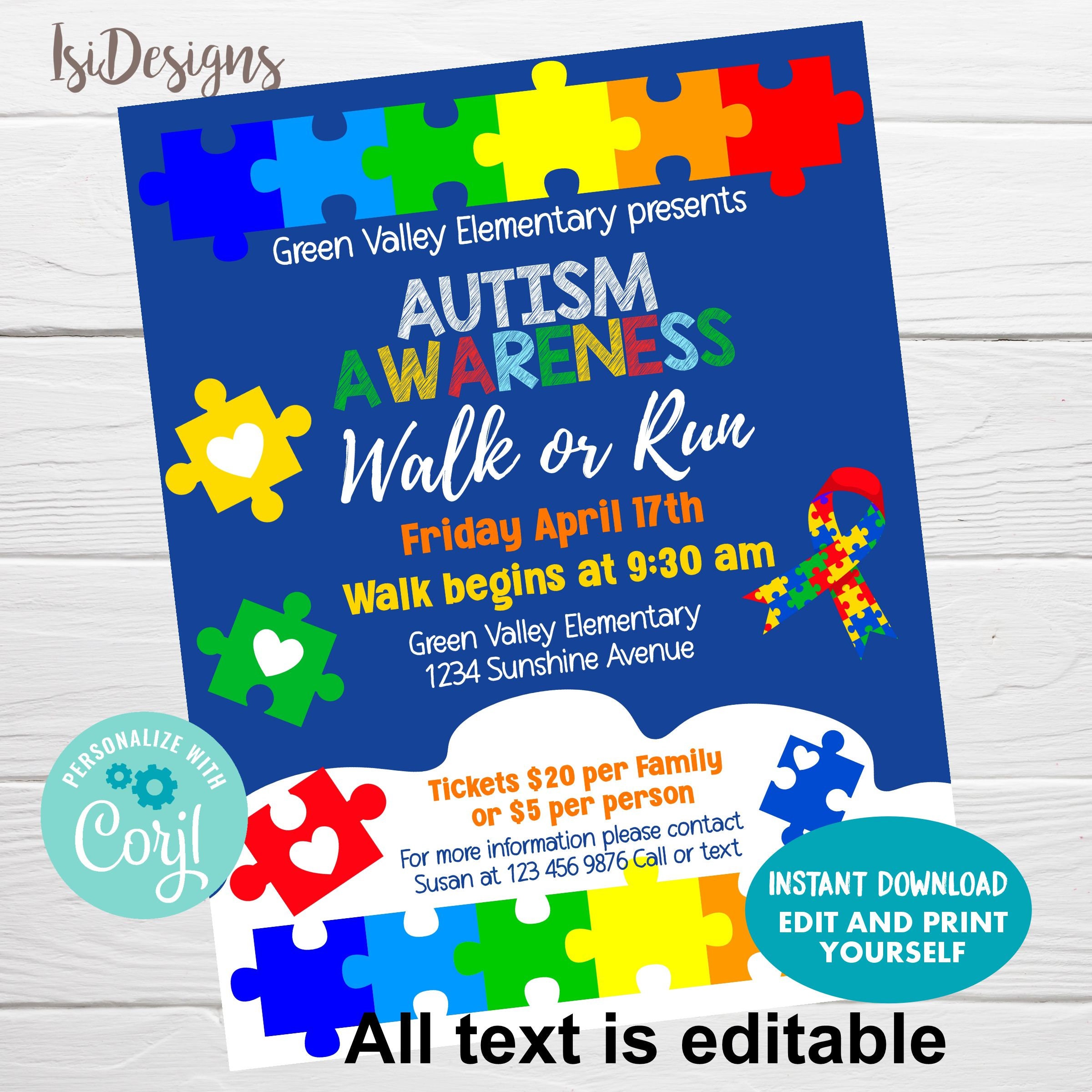 Autism Awareness Walk or Run Fundraiser Event Flyer, PTO/ PTA School ...