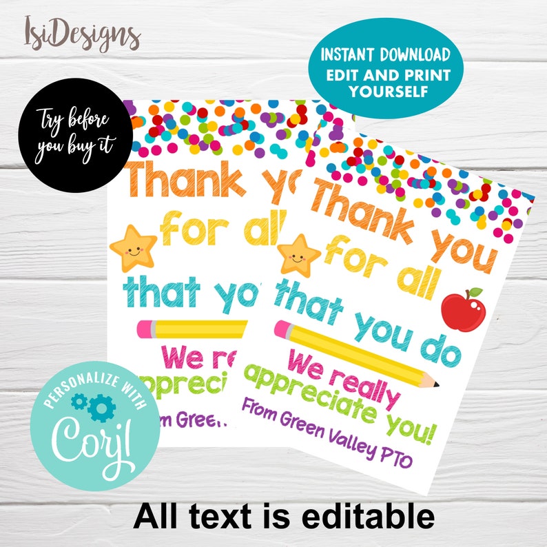 Editable Appreciation Gift Tag Teacher and Staff Appreciation - Etsy