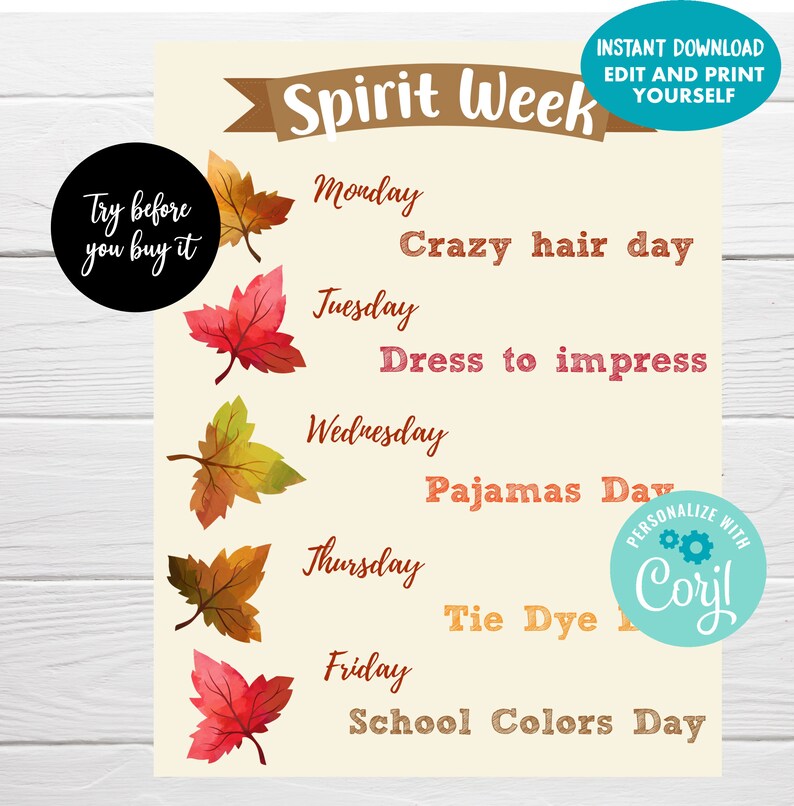 Fall Spirit Week Planner Editable Week Schedule Event Flyer - Etsy