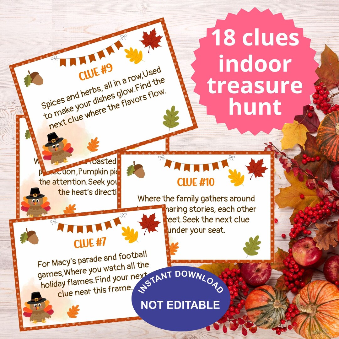 Thanksgiving Treasure Hunt Clues | Indoor Scavenger Hunt Game for Kids ...