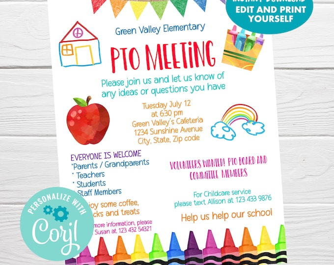 Printable/editable PTO PTA Meeting Flyer, Pto/pta Parent Newsletter ...