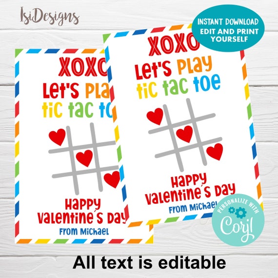 Valentine's Day Tic Tac Toe Gift Tag, Editable Game Tag, Classroom ...