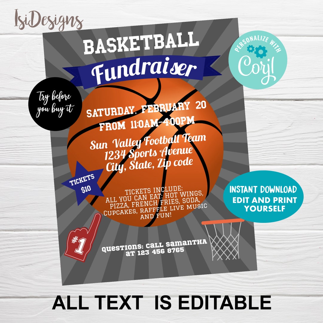 Basketball Fundraiser Editable Flyer, School Benefit Tournament Poster ...