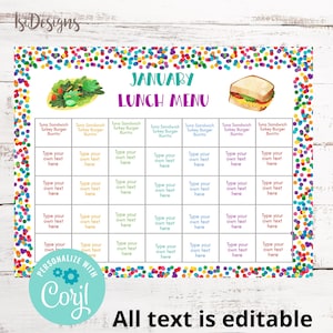 Editable Monthly School Menu, Meal Planner Family Menu, Menu Calendar ...