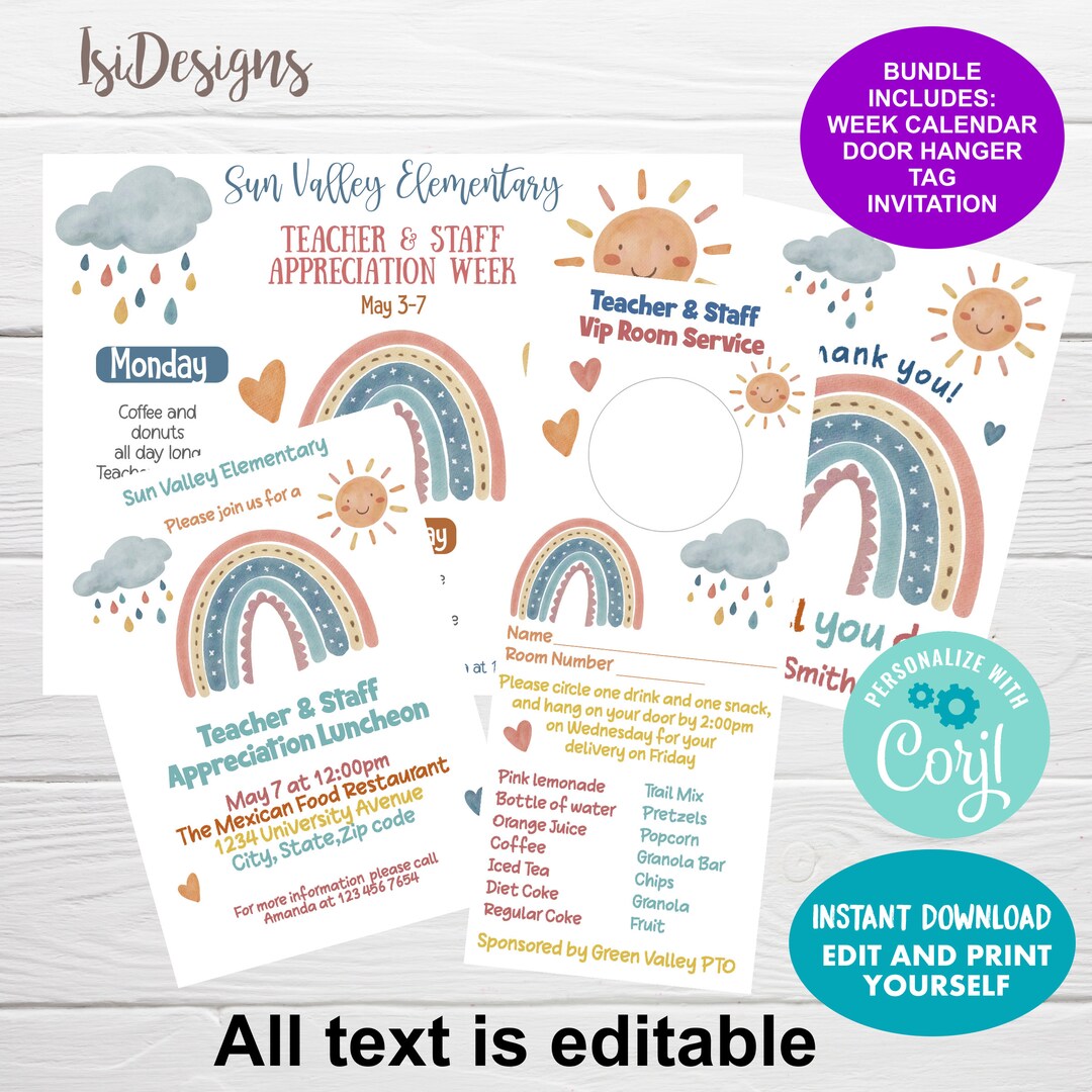 Boho Rainbow Teacher Appreciation Week Editable Bundle, Instant ...