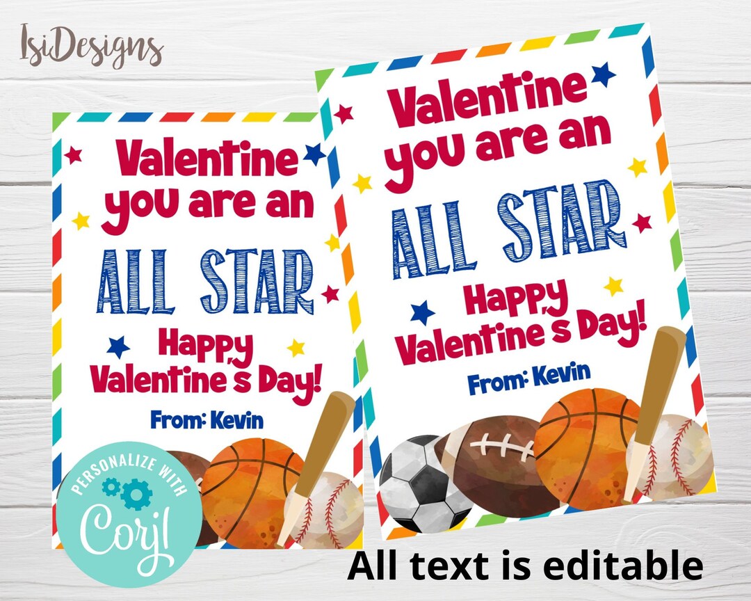 Valentine's Day Printable Sports Tag, Editable All Star Friend ...