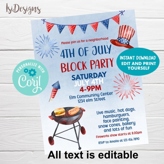 Editable Neighborhood Block Party Invite, 4th of July BBQ Picnic Summer ...