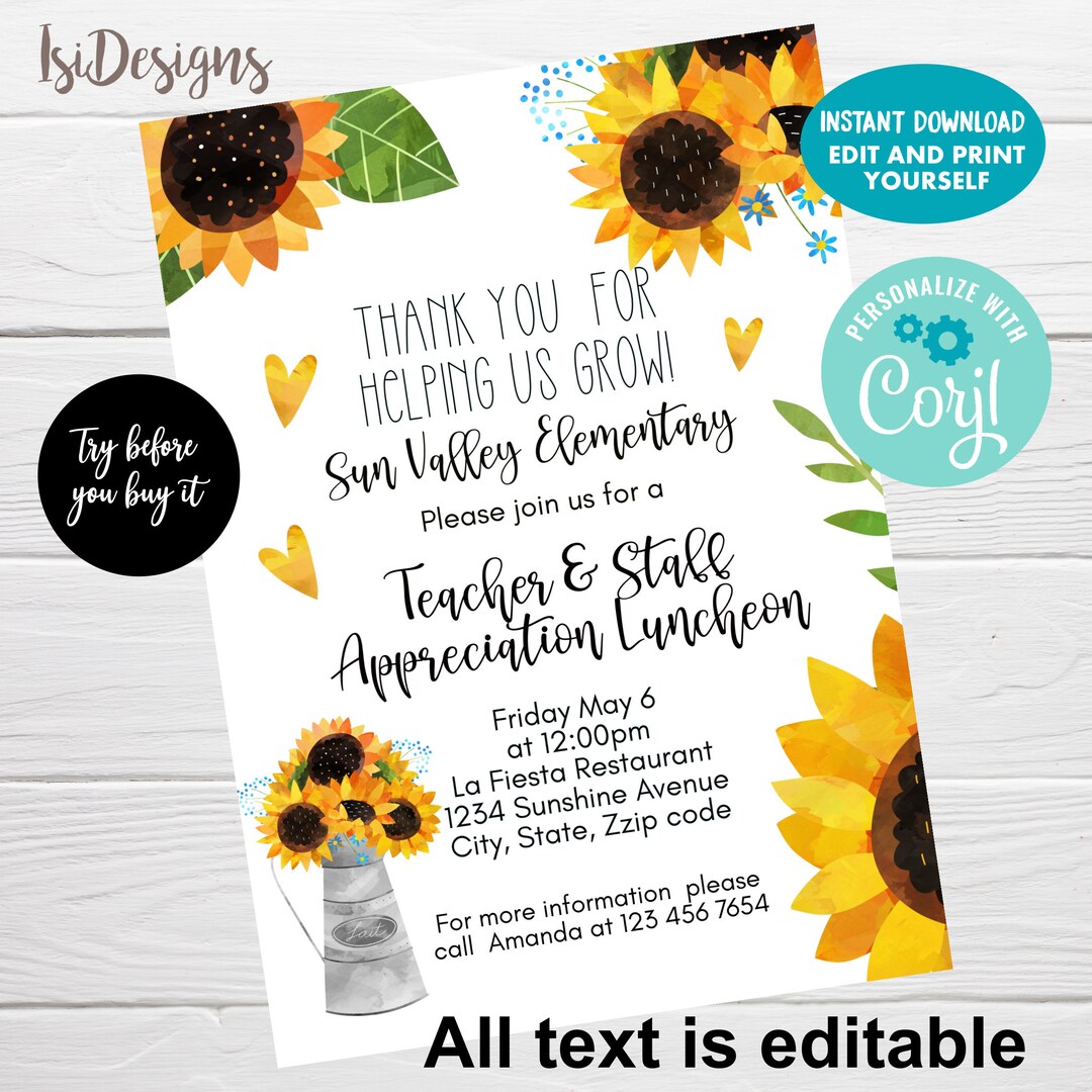 Sunflower Appreciation Luncheon Editable Invitation, PTA/ PTO School ...