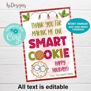 Christmas Smart Cookie Editable Gift Tag, Instant Download, Christmas ...