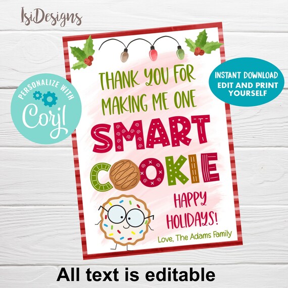Christmas Smart cookie editable gift tag, Instant Download, Christmas ...