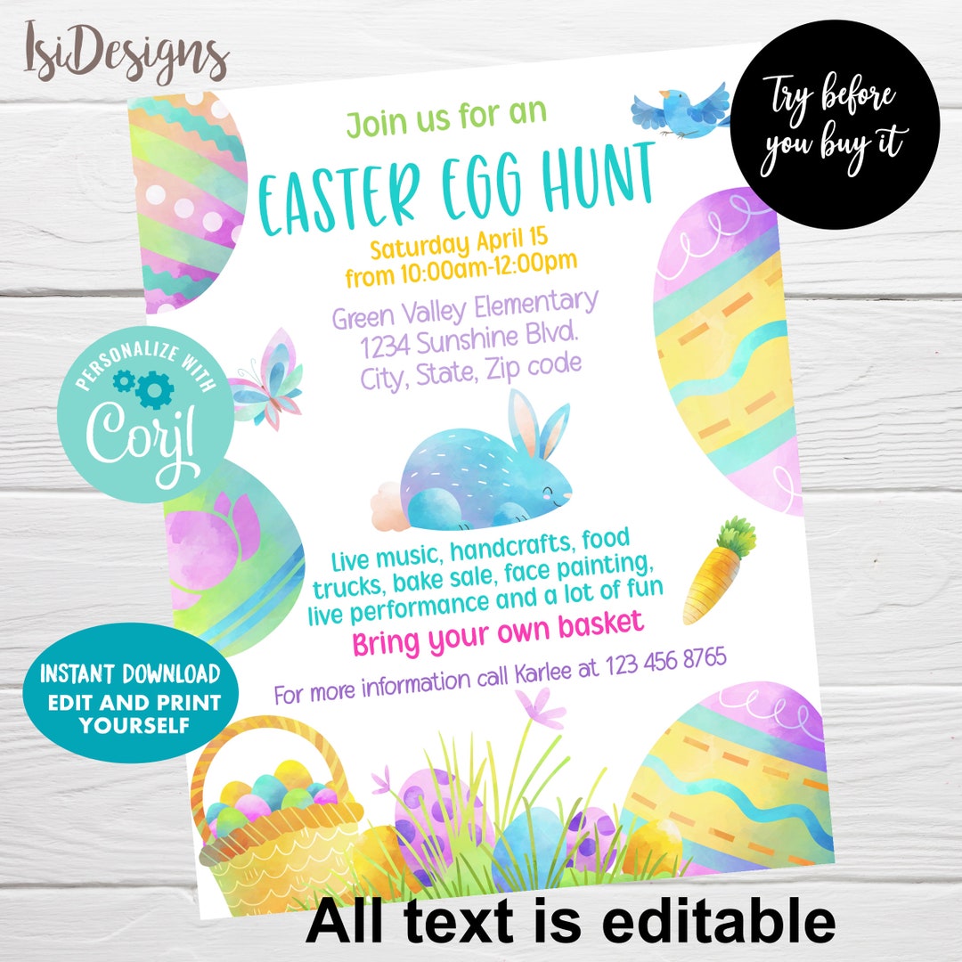 Easter Egg Hunt Editable Flyer, Easter Festival Invite, PTA PTO Flyer ...