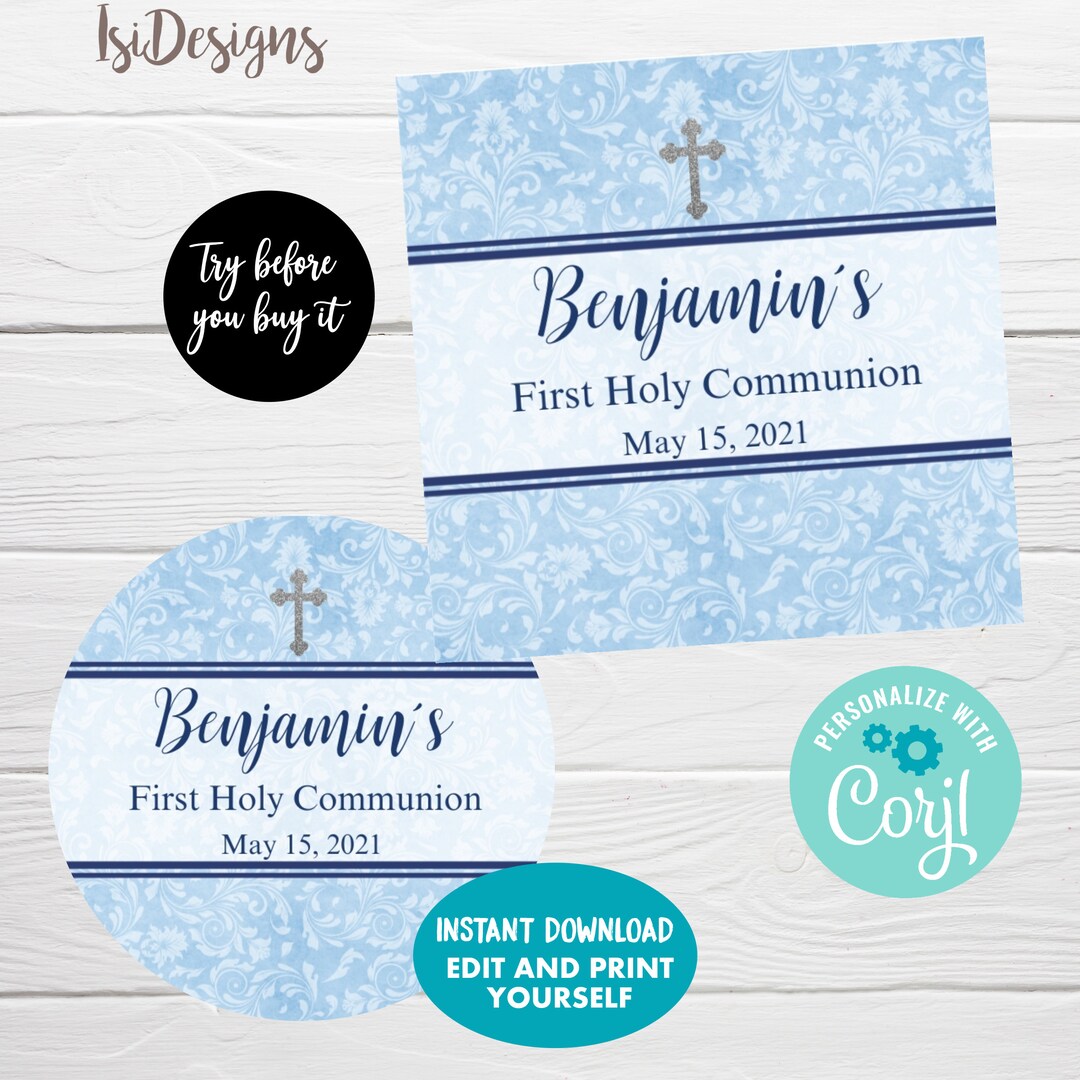 First Holy Communion Blue Favor Labels, Printable Boy First Communion ...