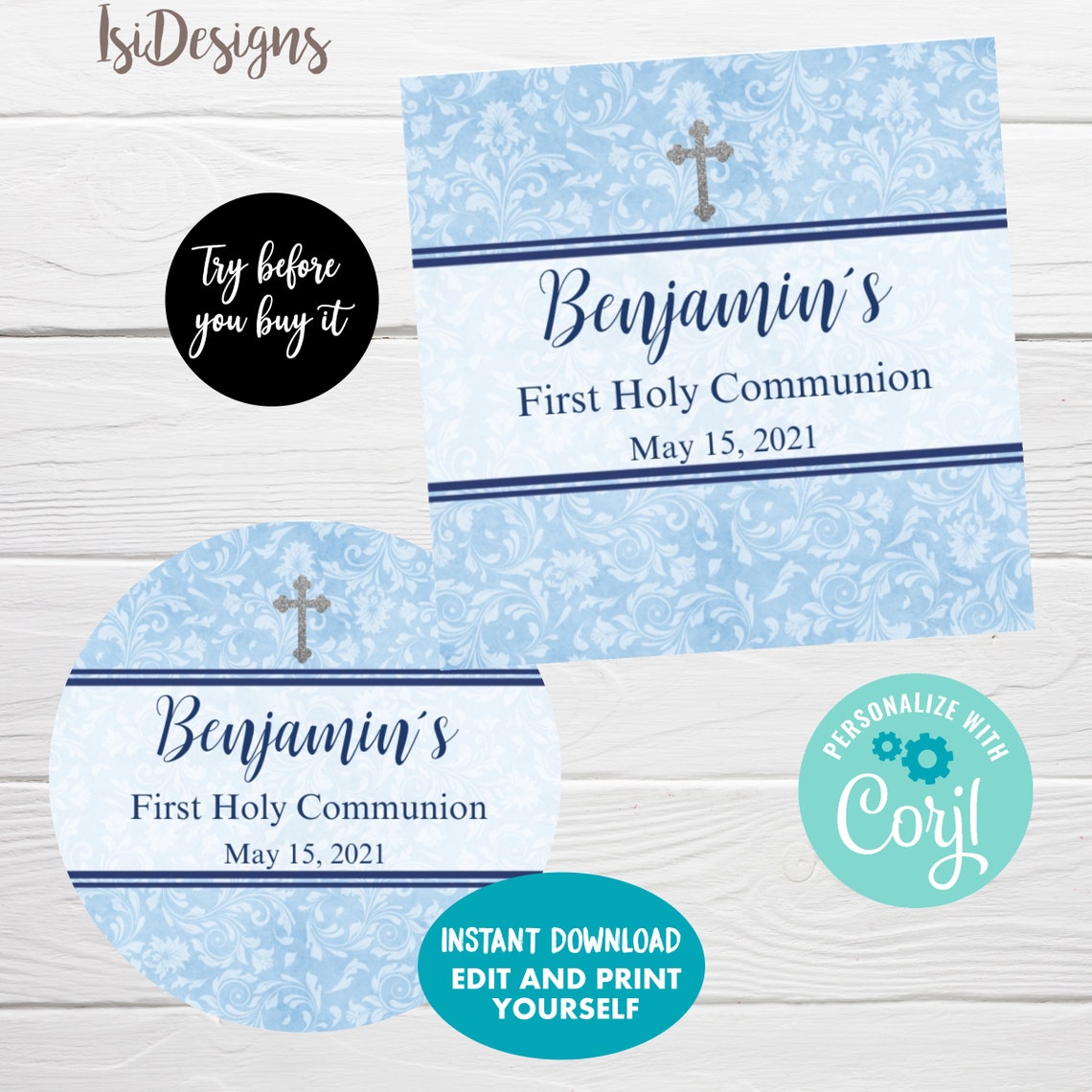 First Holy Communion Blue Favor Labels Printable Boy First | Etsy