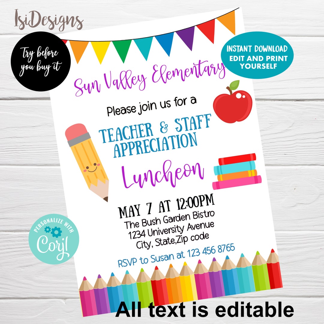 Teacher & Staff Luncheon Appreciation Editable Invitation, PTA /PTO ...