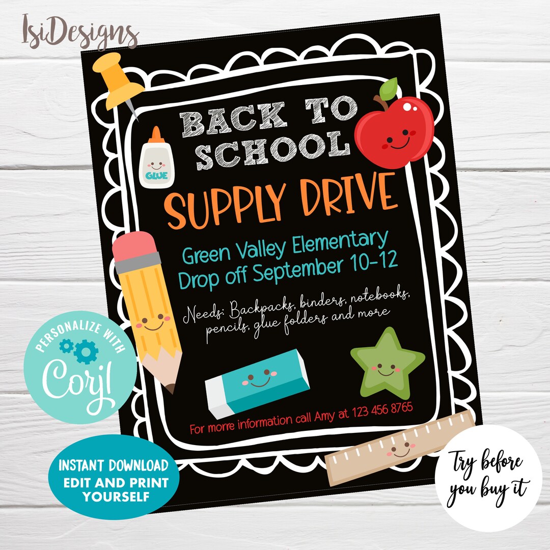 EDITABLE School Supply Drive Flyer, Instant Download, PTA PTO School ...