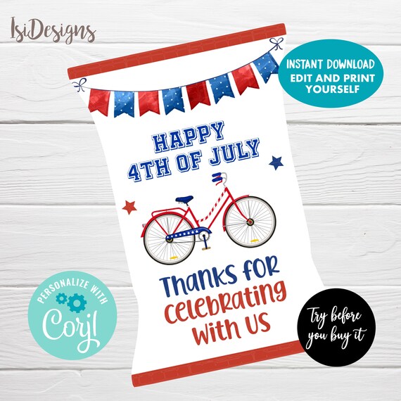 Red White and Blue July 4th Birthday Chip Bag, Editable Patriotic Snack ...