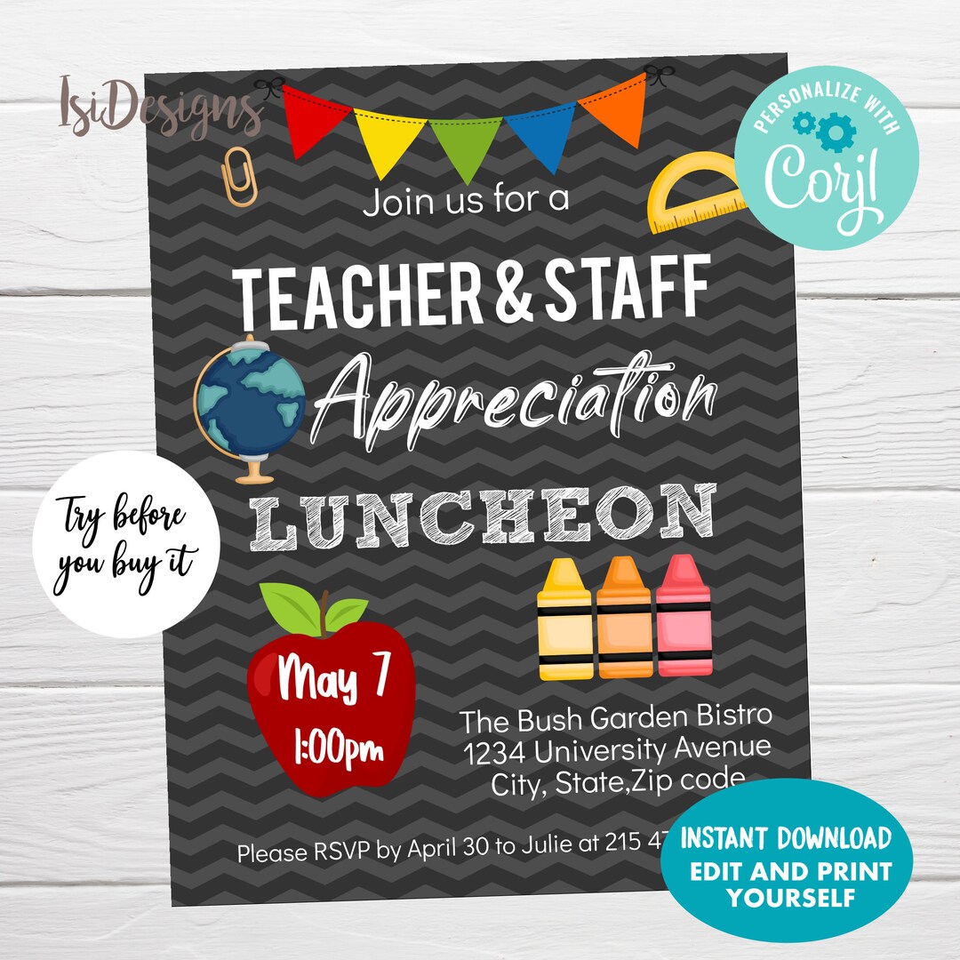 Teacher Appreciation Luncheon Invitation, Editable PTA School Flyer ...