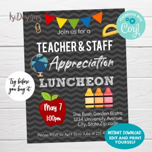 Teacher Appreciation Luncheon Invitation, Editable PTA School Flyer ...