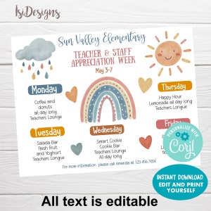 Boho Rainbow Teacher Appreciation Week Editable Bundle, Instant ...