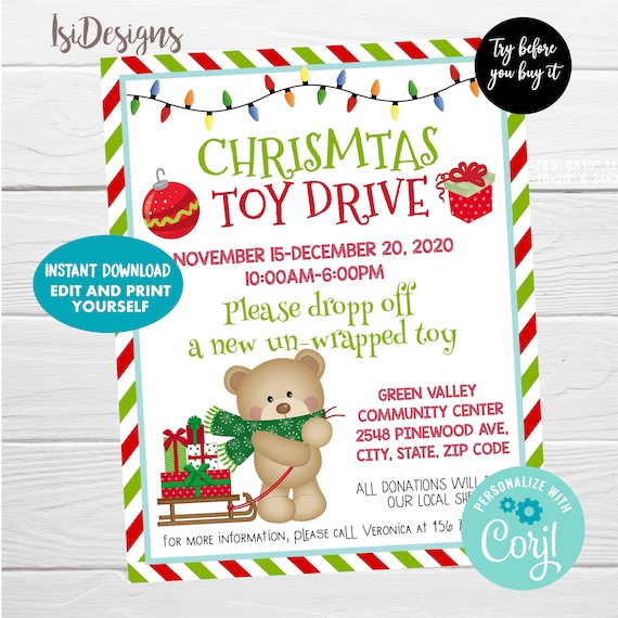 Editable Christmas Toy Drive Flyer, Holiday PTA PTO Flyer, Church ...
