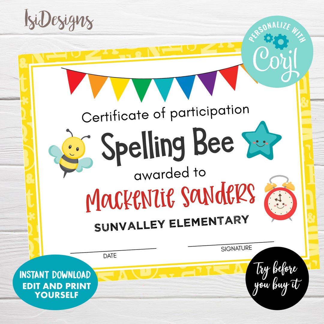 Editable Certificate of Participation, Spelling Bee Contest Diploma ...