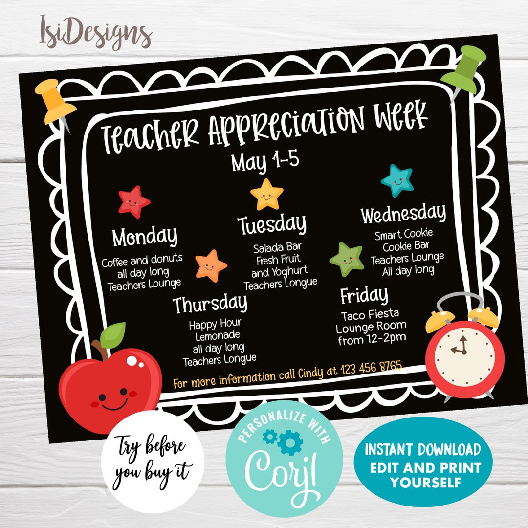 Chalkboard Teacher Appreciation Week Editable Flyer, Instant Download ...