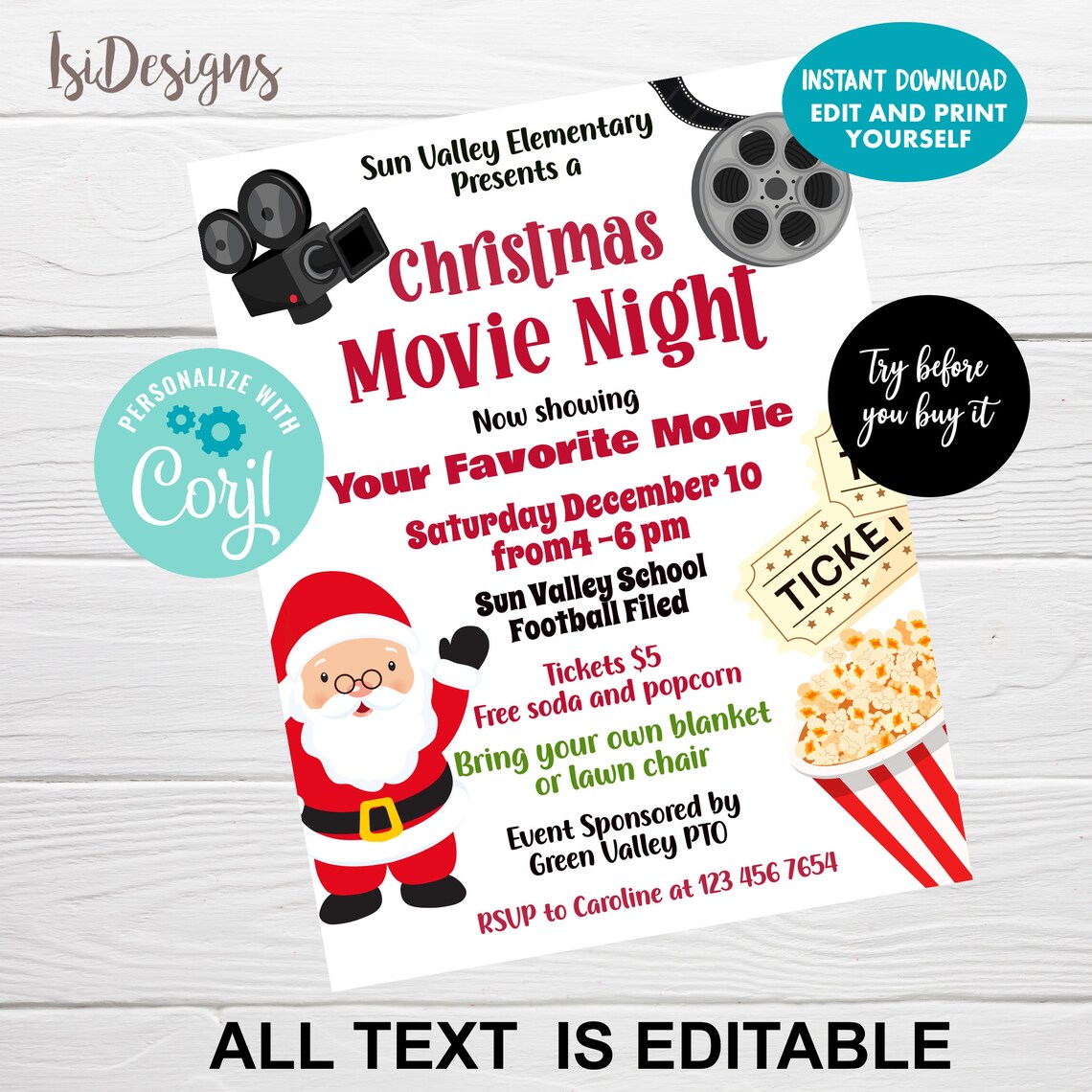 Christmas Movie Night Editable Flyer Instant Download Movie - Etsy