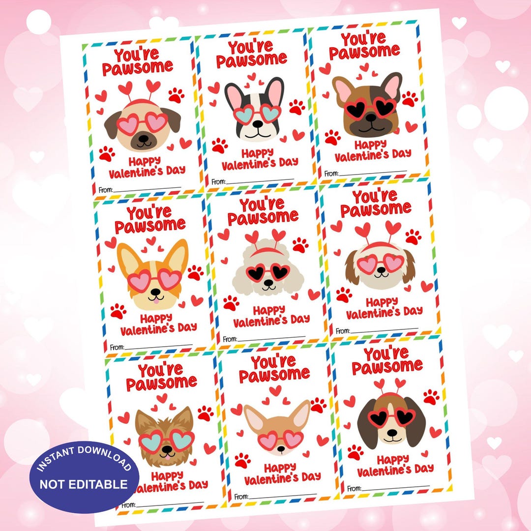 Puppy Valentine Tags Printable | Pawsome Valentine's Day Cards for Kids ...
