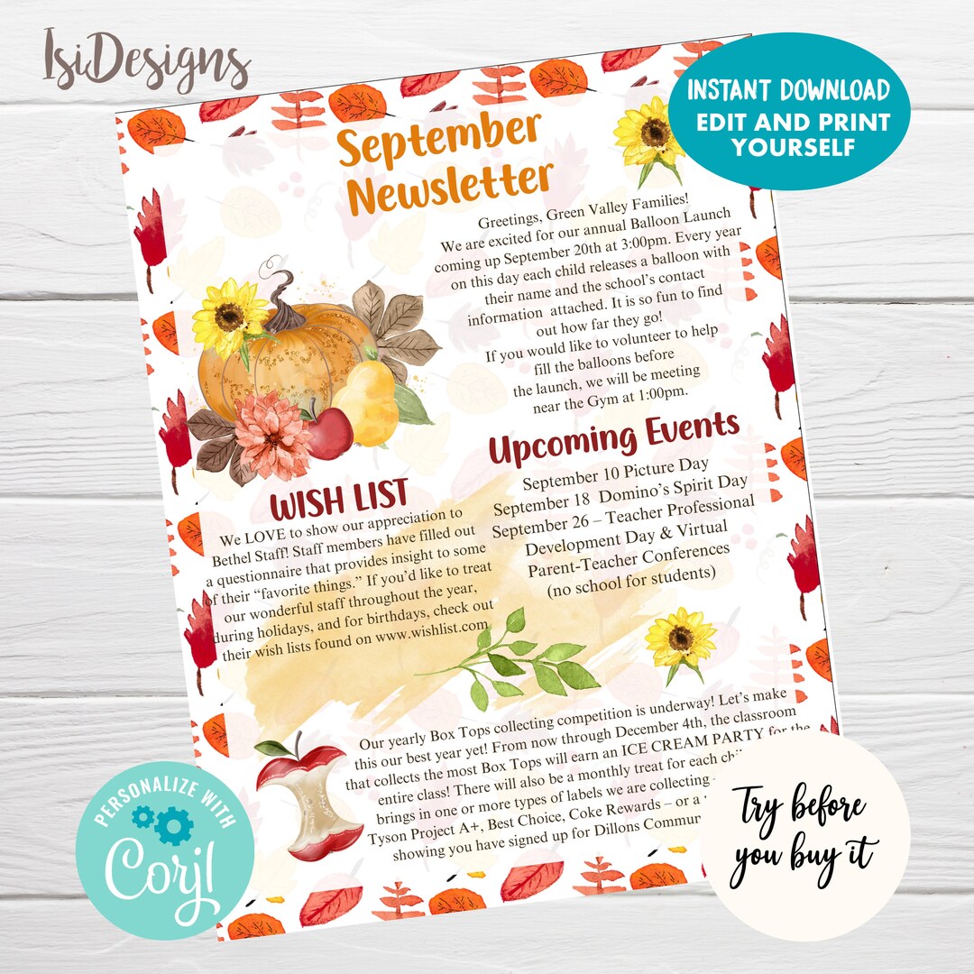 Editable September PTO PTA Newsletter Editable, Flyer Template, School ...