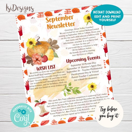 Editable Newsletter Template School PTO PTA Fall Flyer - Etsy