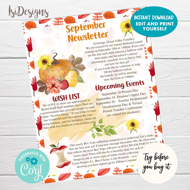 Editable September PTO PTA Newsletter Editable, Flyer Template, School ...
