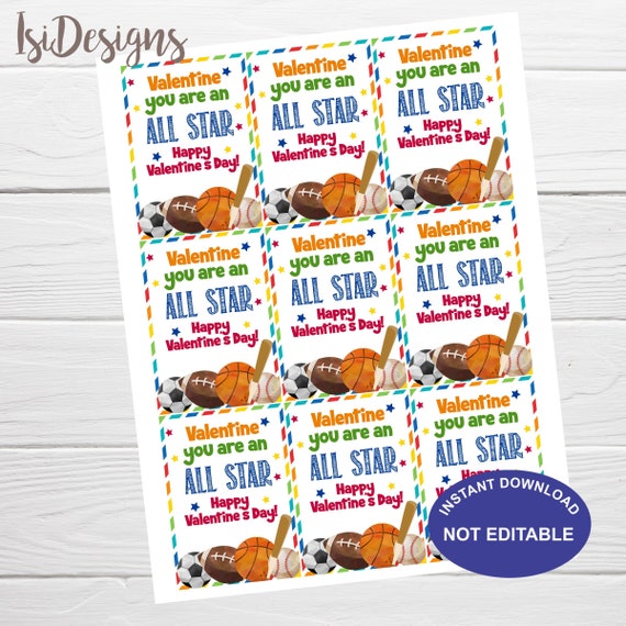 Sports Valentine's Day Tags, INSTANT DOWNLOAD, You Are An All Star Kids ...