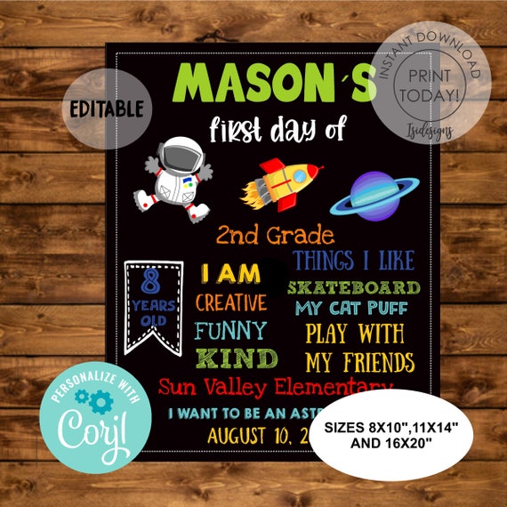 Editable First Day Chalkboard Sign, Back to School Personalized Poster ...