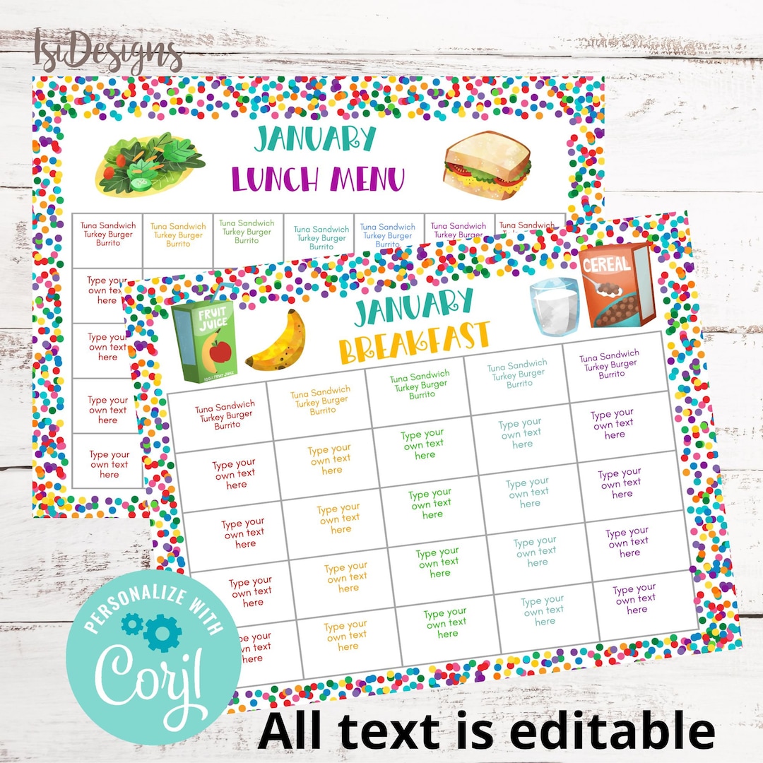Editable Monthly School Menu, Meal Planner Family Menu, Menu Calendar ...