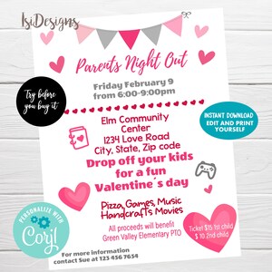 Editable Valentine's Parent's Night Out Flyer, Instant Download, PTA ...